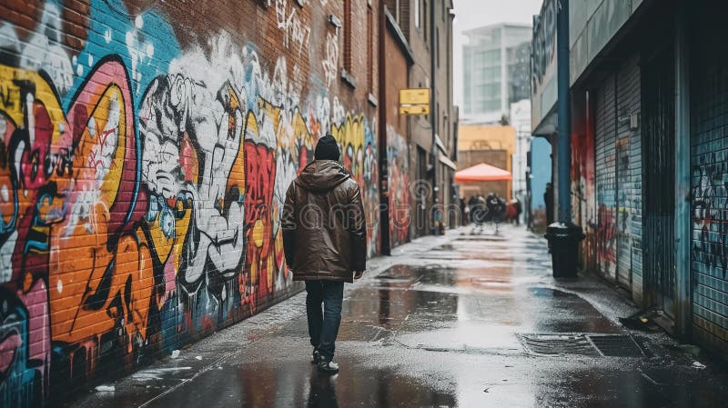 AI Generated Man Walking on Street with Graffities on Wall Stock ...