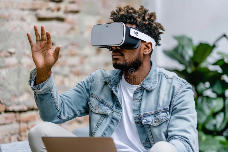 Man Waving while Using VR at Home, Illustrating the Integration of ...