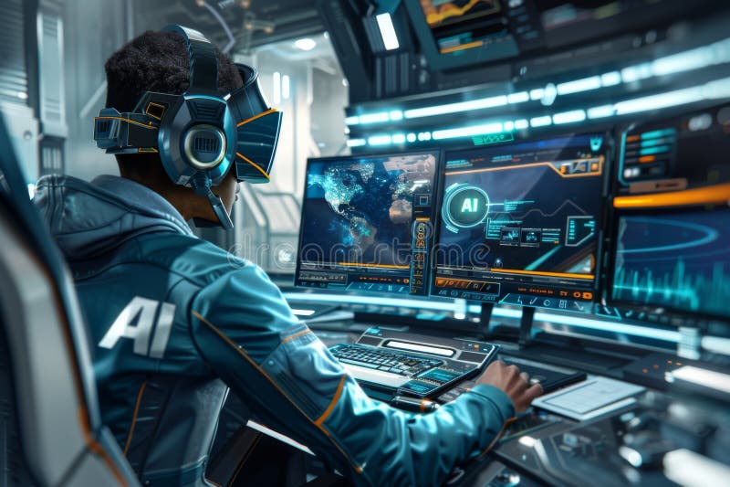 Man Working on AI Holographic Display in a Futuristic Control Room ...