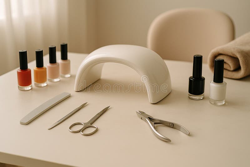 Manicure Setup on a Beige Table Stock Illustration - Illustration of ...