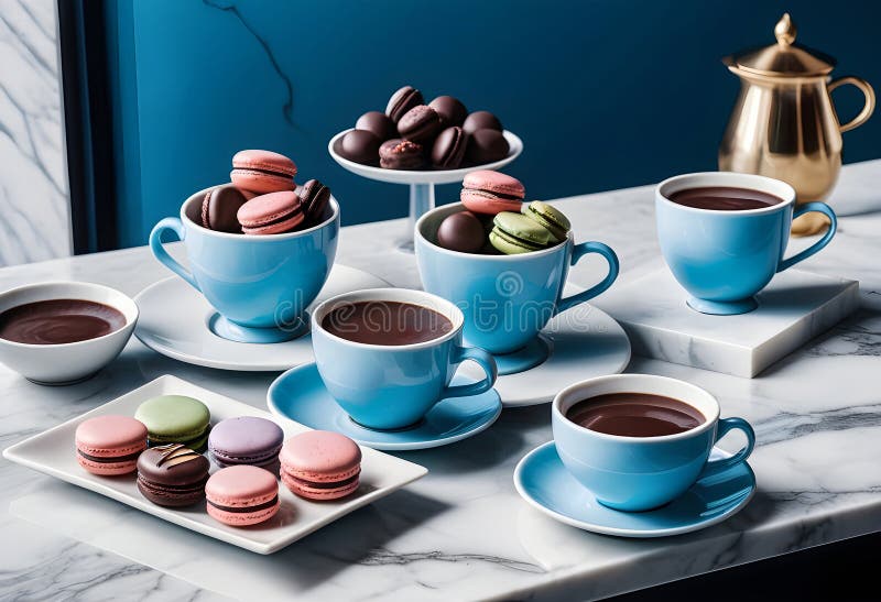 A Marble Table with Blue Cups of Coffee, Chocolate and Plates with ...