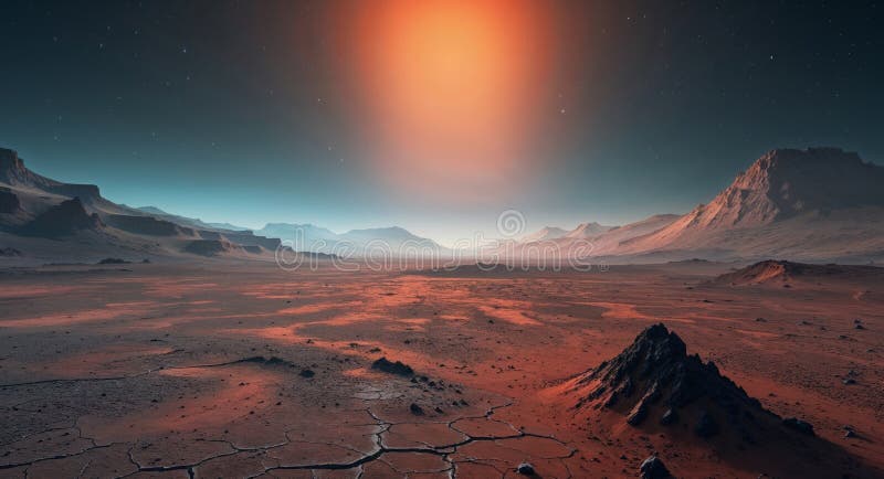 Mars Planet Surface View with Atmospheric Glow and Dark Background ...