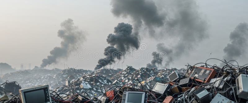 Massive Dump of Electronic Waste with Smoke Rising in Background. Stock ...
