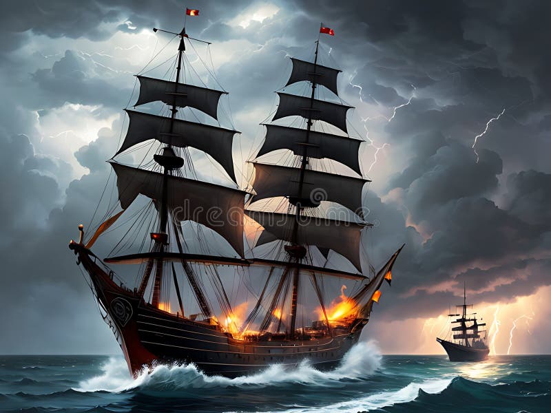 AI Generated Medieval Era Ship on Fire in the Middle of the Ocean ...