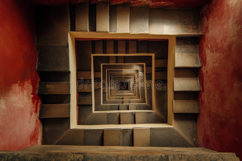 Spiral Staircase with Red Walls and Concrete Steps Stock Illustration ...