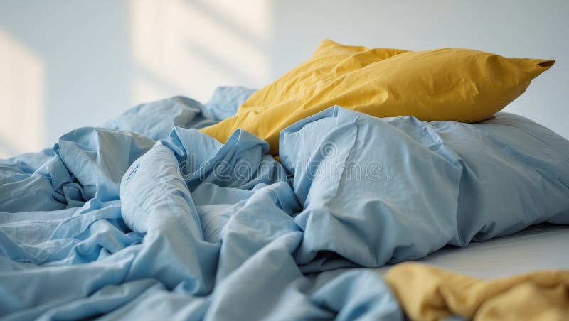 A Messy Bed with a Yellow Pillow and Blue Sheets Stock Image - Image of ...