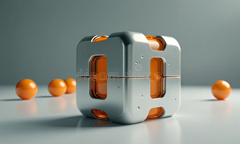 A Silver and Orange Cube Sits on a Table with a Few Orange Balls Around ...