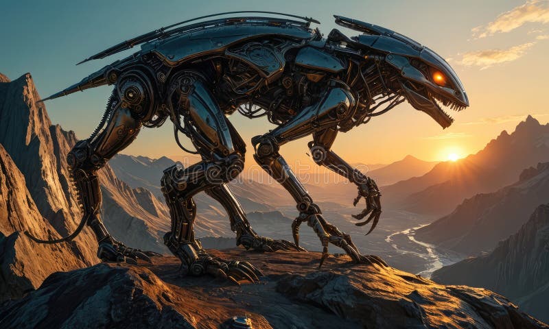 A Robot with Glowing Red Eyes is Standing on a Cliff. Stock ...