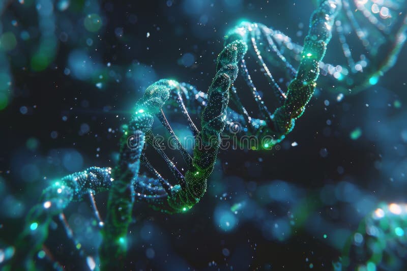 Micro Close Up of DNA Helix with Green and Blue Hues, Highlighting the ...