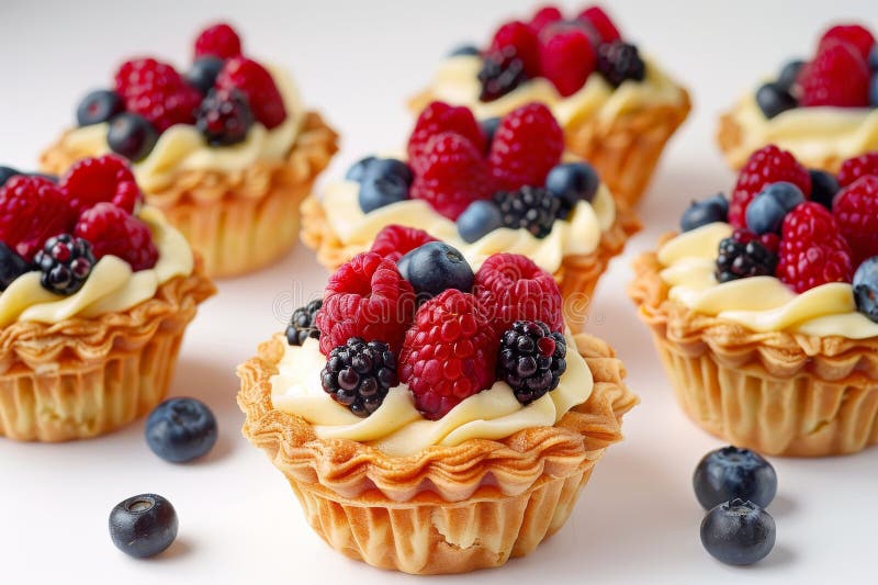 Mini Fruit Tarts Topped with Assorted Fresh Berries, Set on a White ...