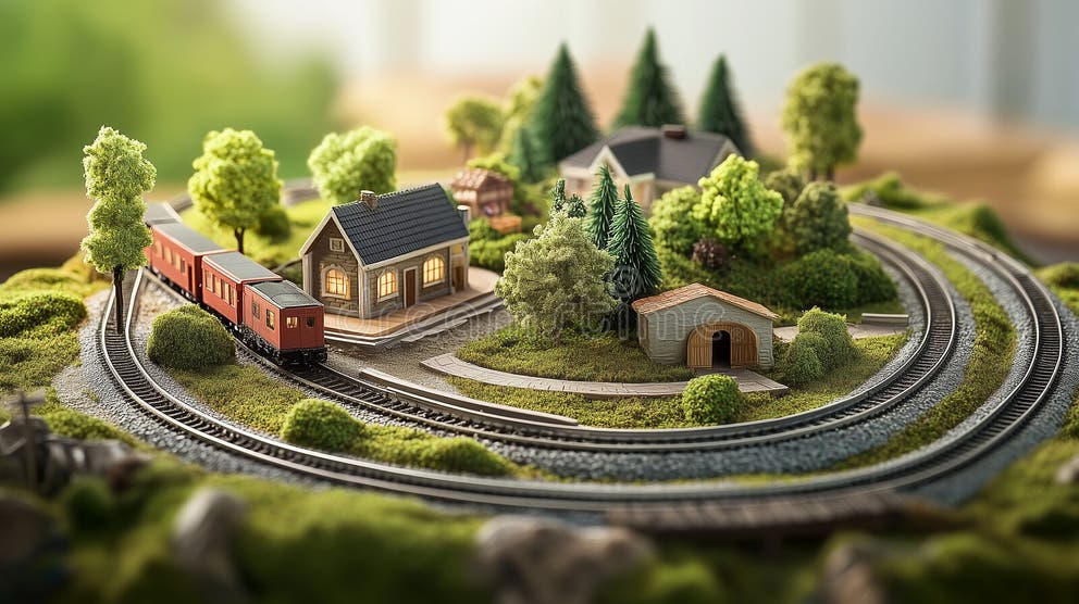 Miniature Train Set Featuring a Red Passenger Train on a Circular Track ...