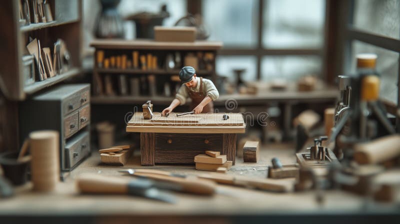 Miniature Workshop Scene Featuring a Male Figure Engaged in Woodworking ...