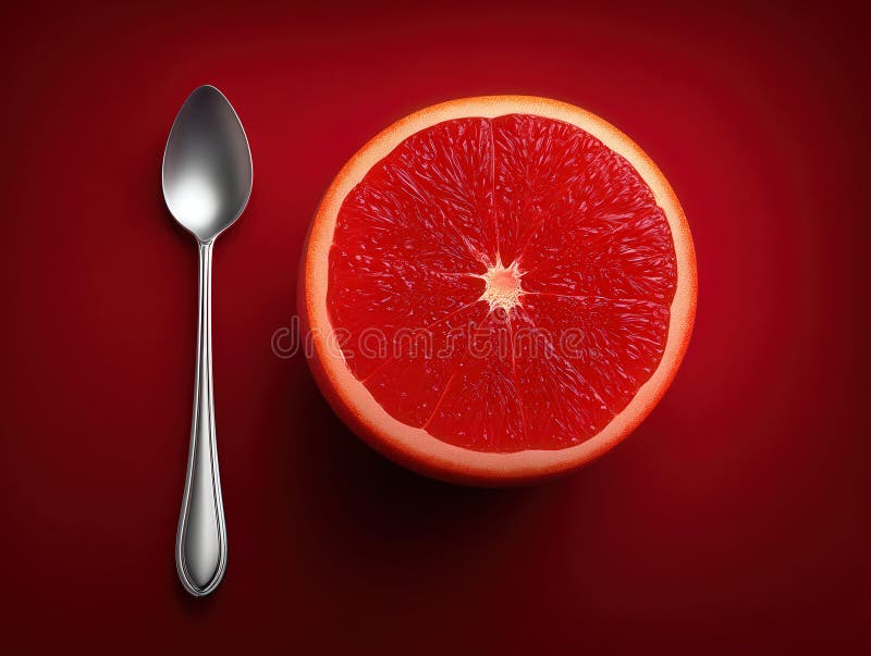 Minimal Grapefruit Half Placed Vertically with Spoon and Dark Red ...
