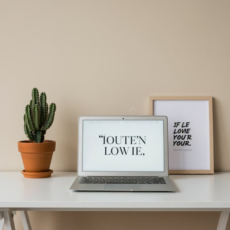 AI-Generated Minimalist Desktop with Laptop, Potted Cactus, and Framed ...