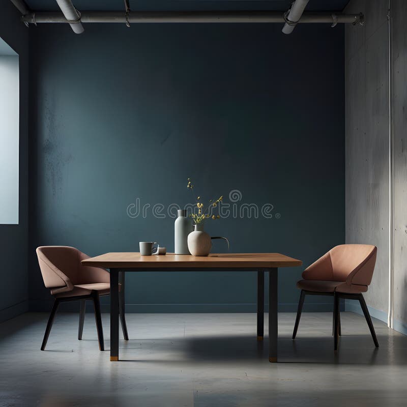 Minimalist Dining Area with Wooden Table and Chairs in a Softly Lit ...