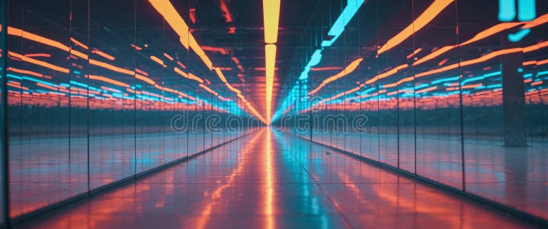 Mirrors Creating Optical Illusion in a Long Corridor with Orange and ...