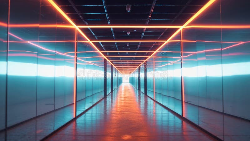 Mirrors Creating Optical Illusion in a Long Corridor with Orange and ...