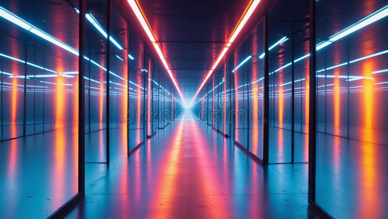 Mirrors Creating Optical Illusion in a Long Corridor with Orange and ...