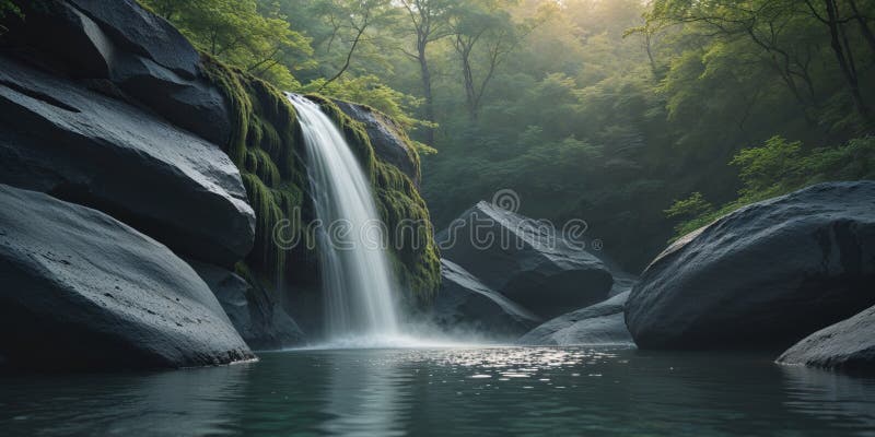 Misty Waterfall Cascading into a Serene Pool Surrounded by Dark Rocks ...