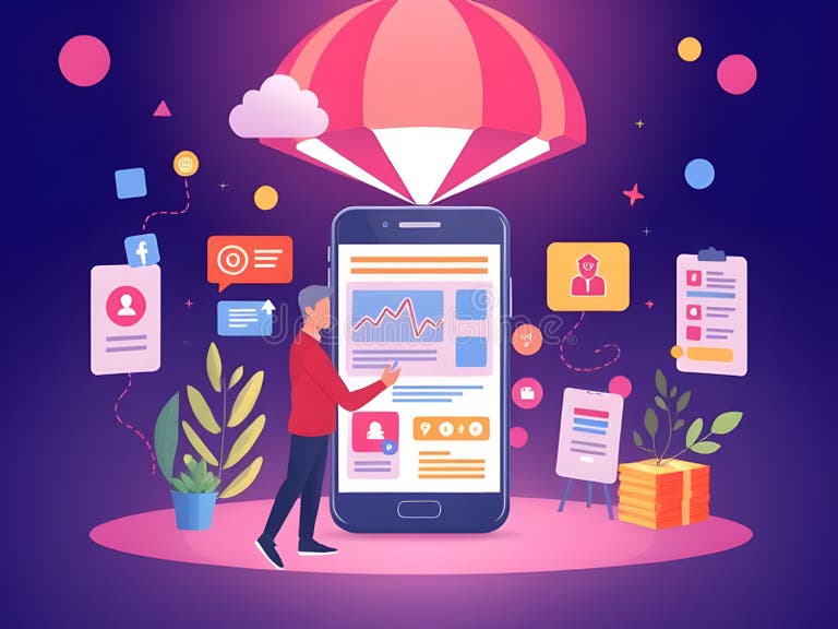 AI Generated Mobile Marketing Illustration of a Digital Marketer Optimizing Campaigns for ...