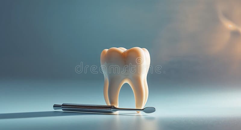 Model Tooth and Dental Tool on Blue Background with Soft Lighting Stock ...