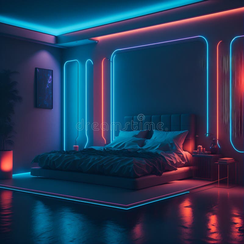 Ai Generated a Modern Bedroom Featuring Neon Lighting and a King-sized ...