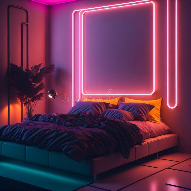 Ai Generated a Modern Bedroom with Neon Lighting Stock Illustration ...