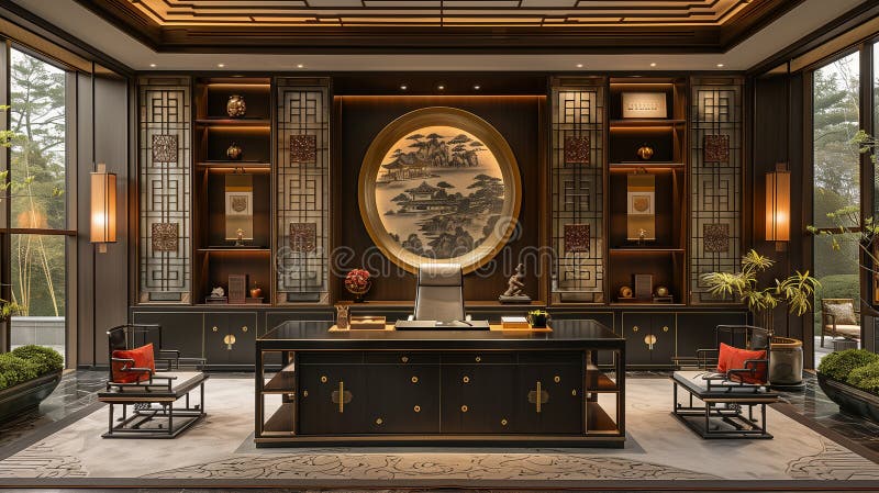 A Modern Chinese Office Setup Featuring a Sleek Black Desk and ...