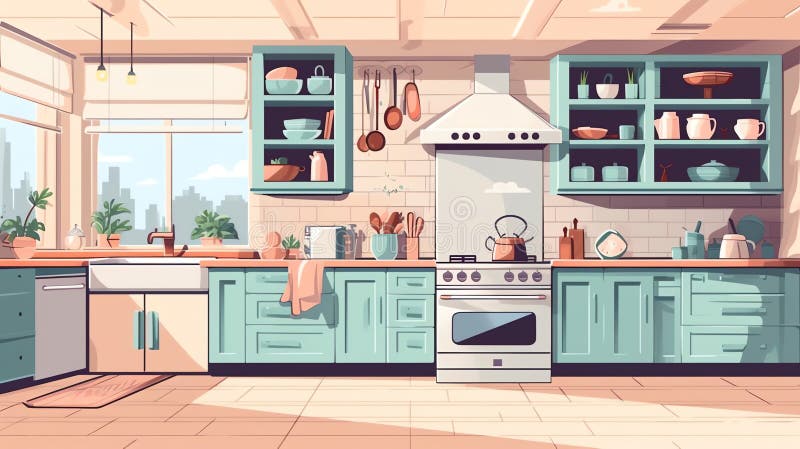 0Kitchen_interior_cartoon stock illustration. Illustration of flat ...