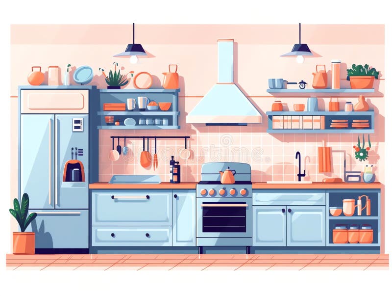 2Kitchen_interior_cartoon stock illustration. Illustration of fridge ...