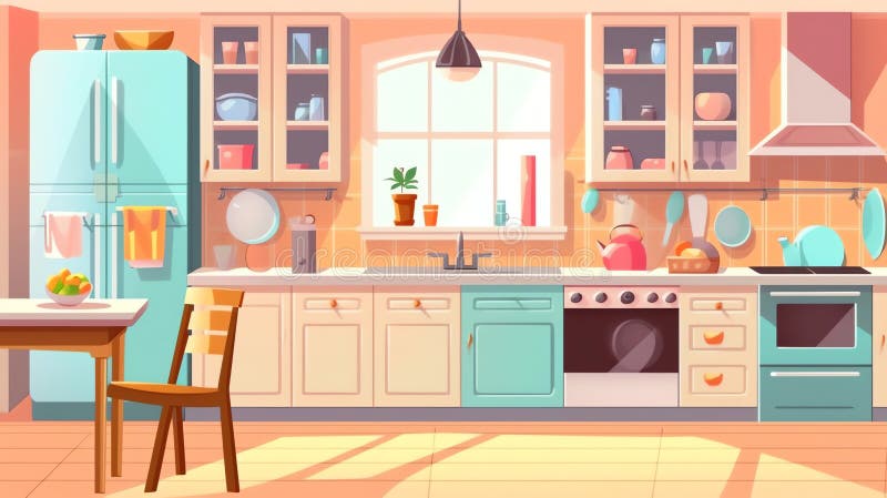 4Kitchen_interior_cartoon stock illustration. Illustration of fridge ...