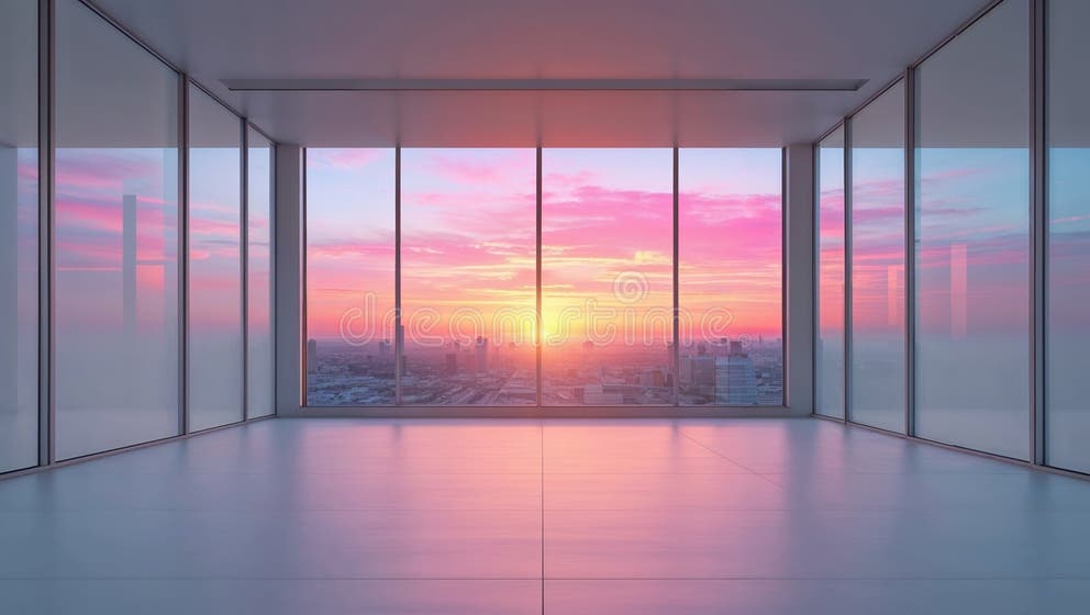 Modern Empty Office Space with Beautiful Sunset View through Windows ...