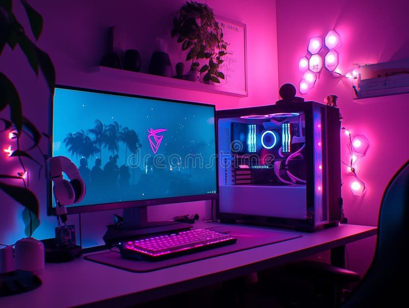 Gaming Computer PC Surrounded by Pink Ambient Lighting Stock Photo ...