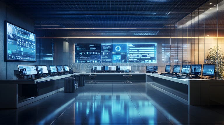 AI-generated a Modern, High-tech Control Room with Multiple Computer Workstations Arranged in ...
