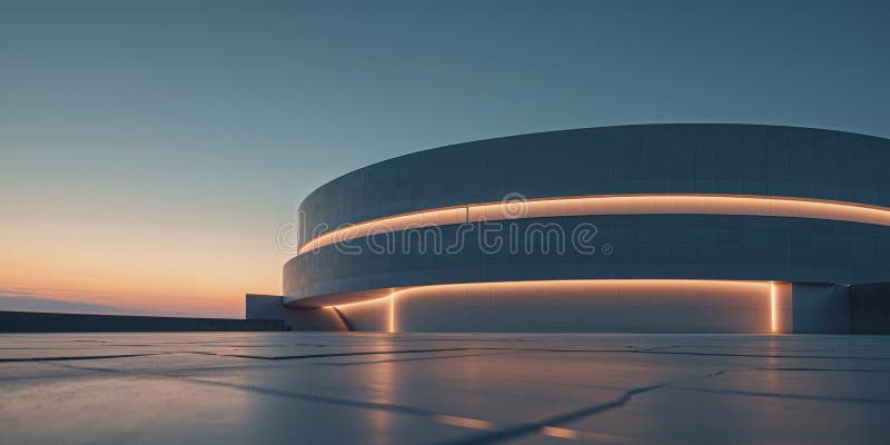 Modern Illuminated Circular Building at Dusk. Stock Photo - Image of ...