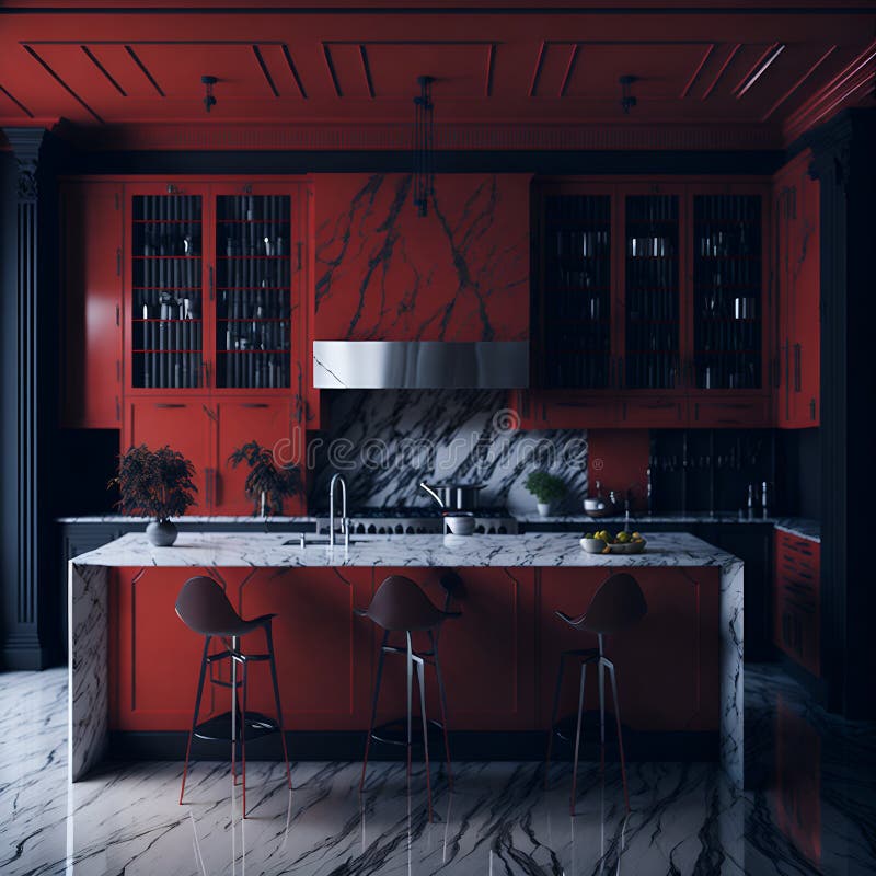 Ai Generated a Modern Kitchen Featuring Red Cabinets and Elegant Marble ...