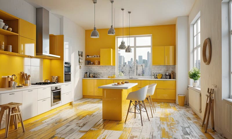 A Kitchen with Yellow Walls and a Yellow Island. Stock Illustration ...