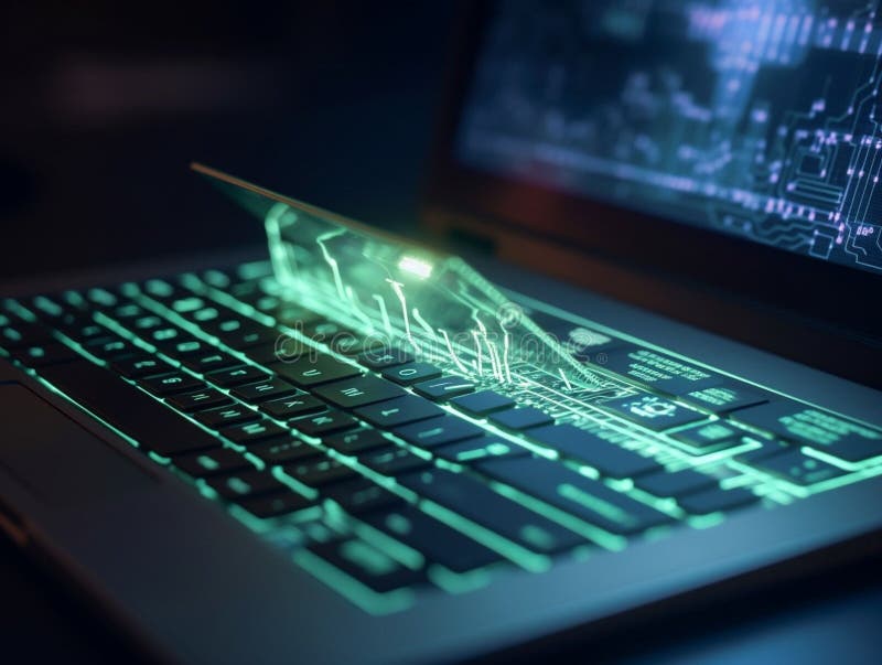 AI Generated Modern Laptop Computer Illuminated in the Dark Stock ...