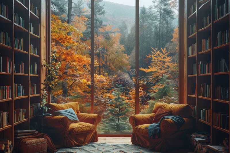 Modern Library with Circular Seating and Warm Lighting, Creating a ...