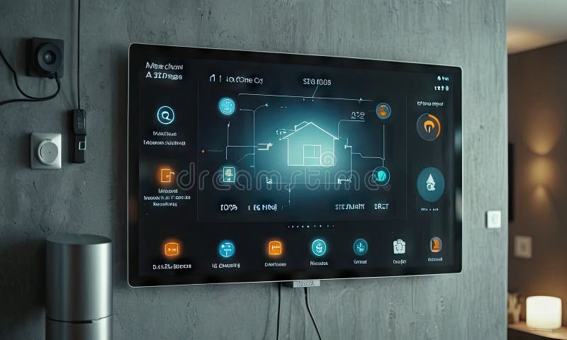 A Television is on the Wall with a Blue Screen Displaying a House ...