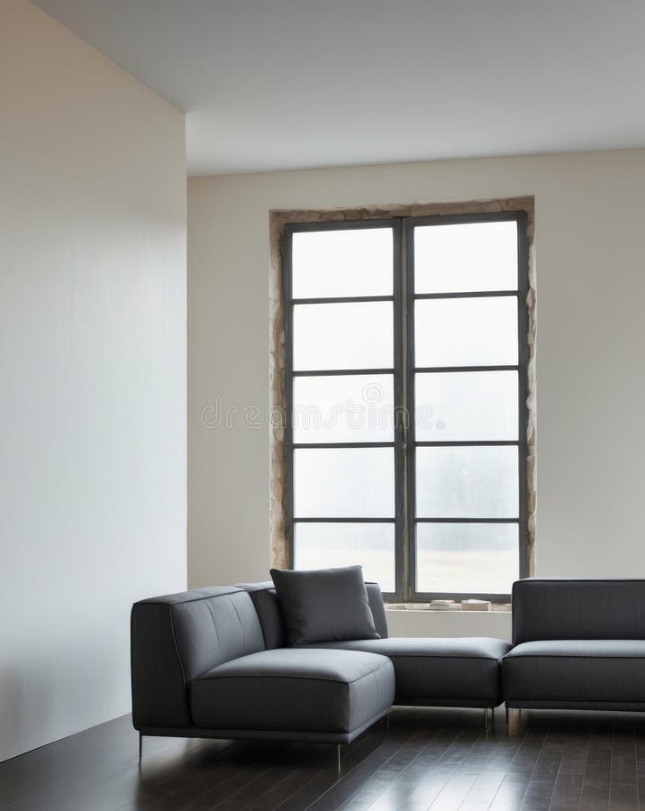 Modern Living Room Interior with Dark Gray Sofas and Large Window Stock ...