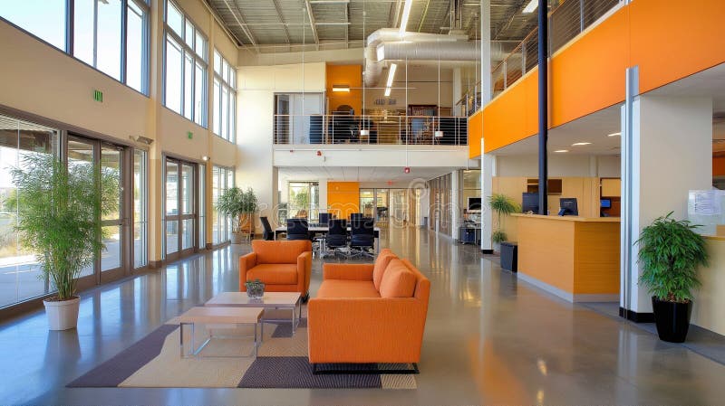 Modern Office Interior with Orange Couches and Large Windows. Stock ...