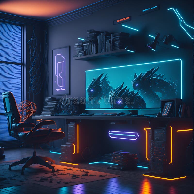 Ai Generated a Modern Office Workspace with Neon Lights and Computer ...