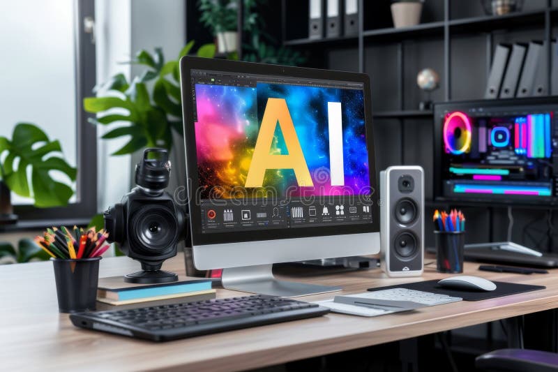 Modern Workstation with AI Graphics on the Screen, Illustrating a Tech ...