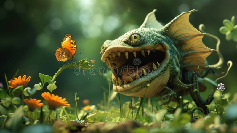 AI-generated Monster and Butterfly in a Fantasy Garden Scene Stock ...