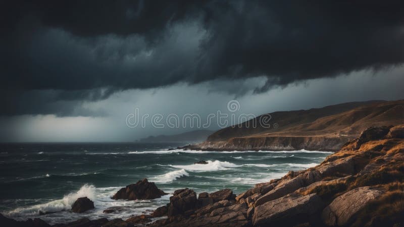 Moody Dramatic Storm Clouds Rolling Over Rugged Coastal Landscape ...