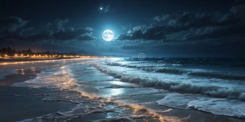 A Moonlit Beach with the Full Moon Casting a Silver Path Across the ...
