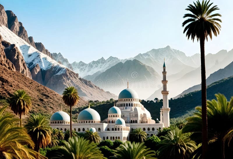 A Mosque with a Palm Tree and Mountain in the Background Stock ...