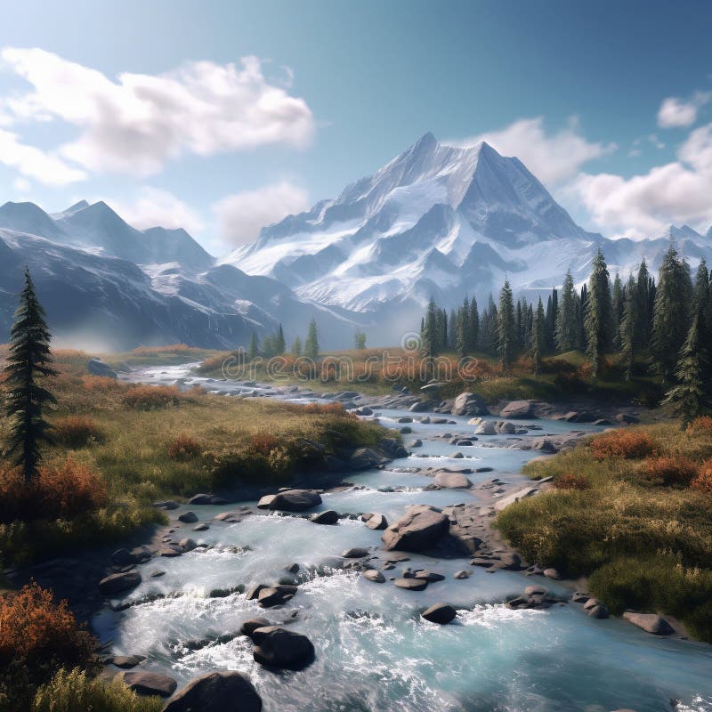 AI Generated Mountain Range with Flowing River Stock Illustration ...