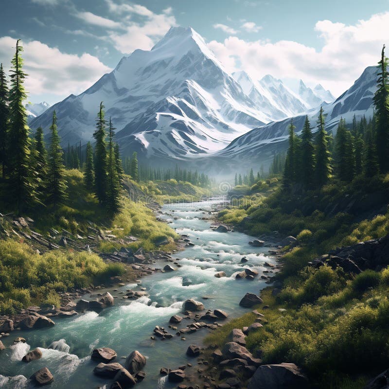 AI Generated Mountain Range with Flowing River Stock Photo - Image of ...